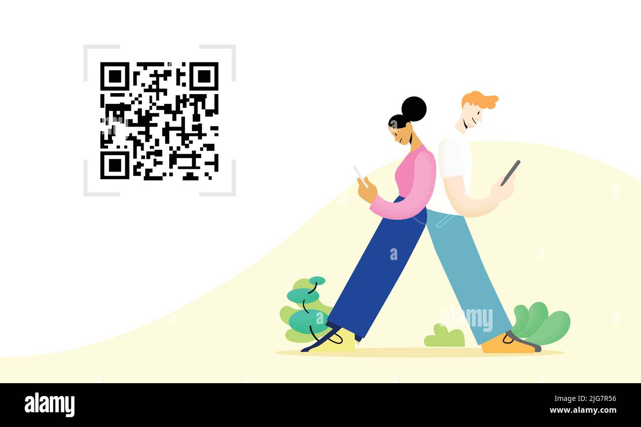 Qr code scanning template vector illustration. Woman and man holding ...