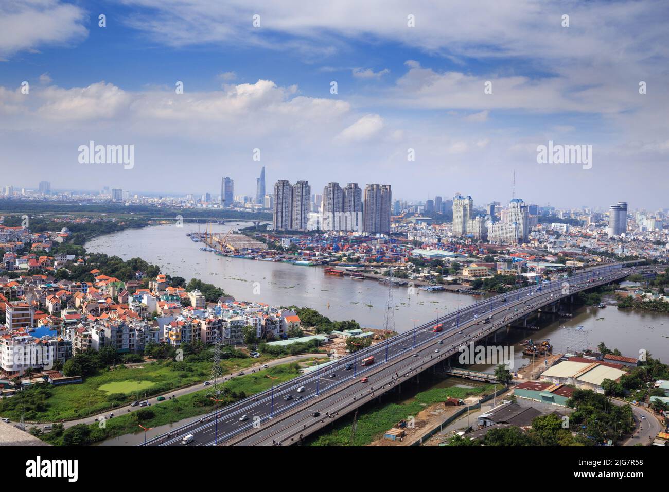 Aerial View Of Buildings In Saigon River Area With Saigon Bridge Stock ...