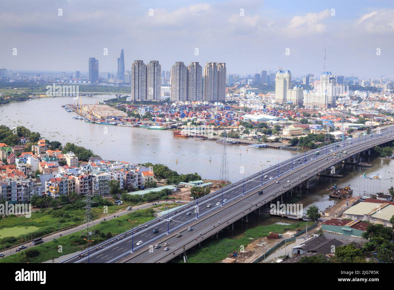 Aerial View Of Buildings In Saigon River Area With Saigon Bridge Stock ...