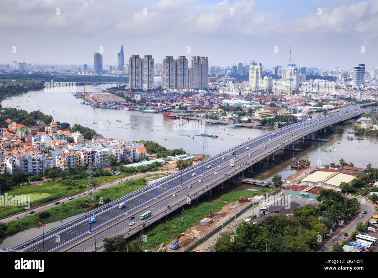Aerial View Of Buildings In Saigon River Area With Saigon Bridge Stock ...