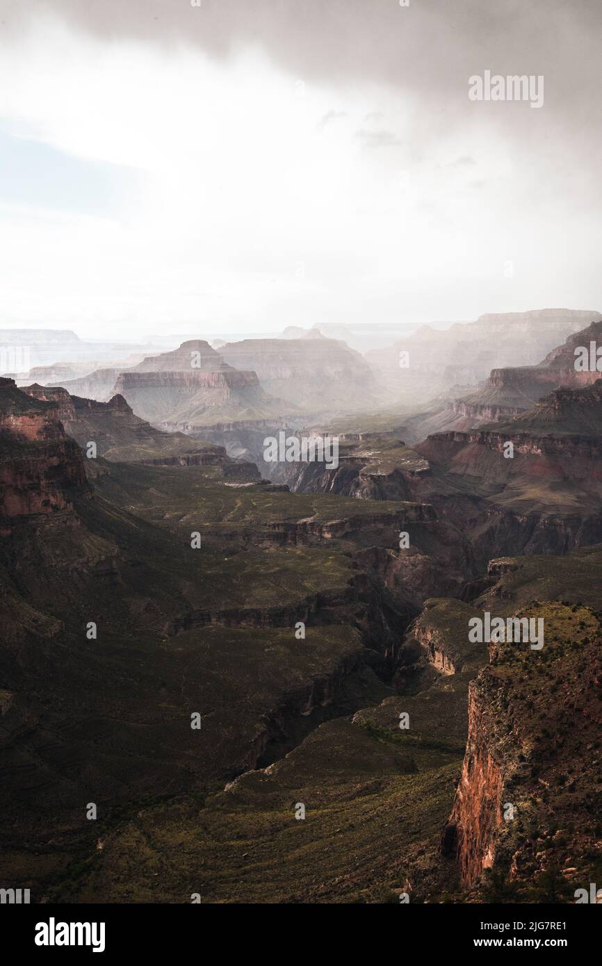 A vertical majestic view of green canyon landscape disappearing in the fog Stock Photo - Alamy