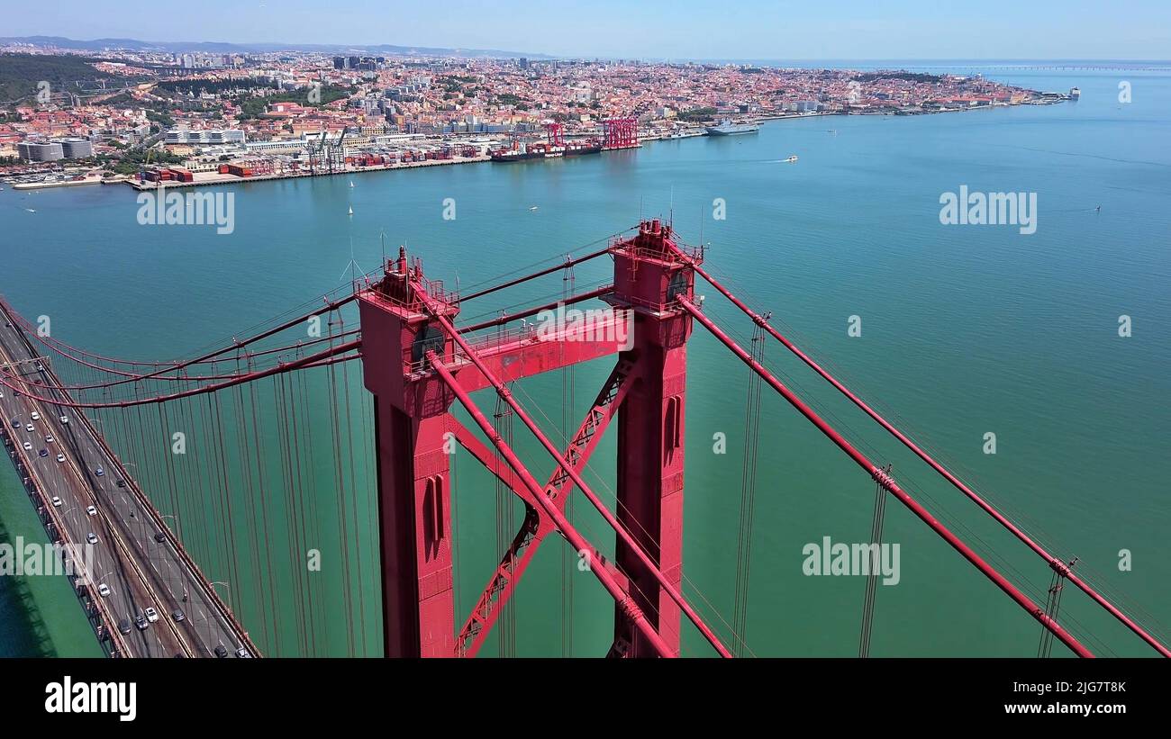 A high-angle shot of the 25th April Bridge in Portugal Stock Photo - Alamy
