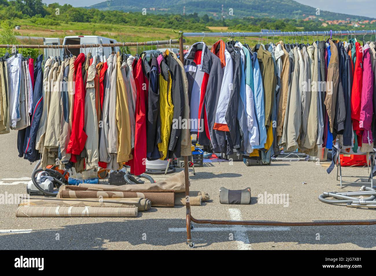 Second Hand Jackets Garment Hanging at Railing Flea Market Stock Photo ...