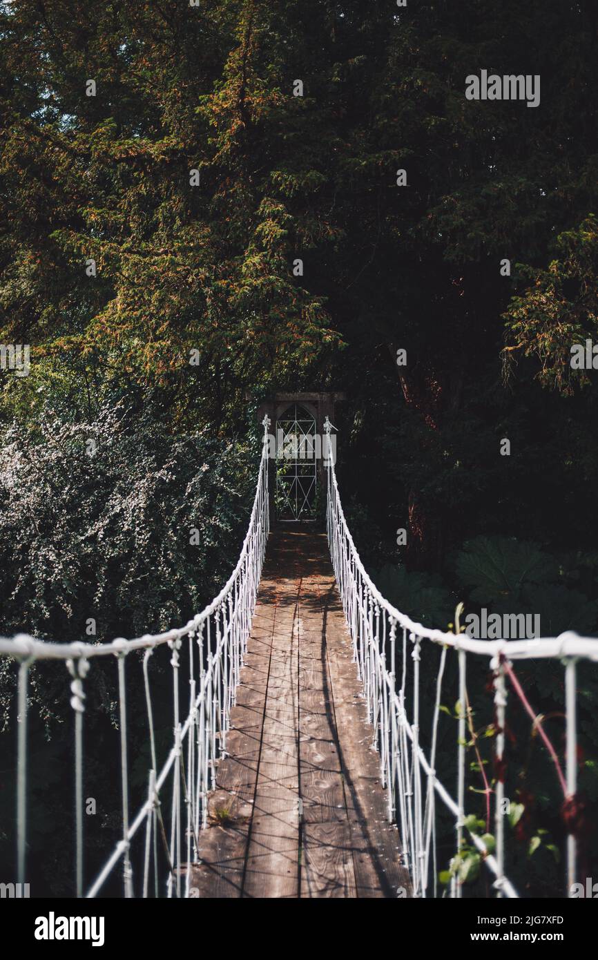 A vertical view of a bridge hanging between the mountains -beautiful ...