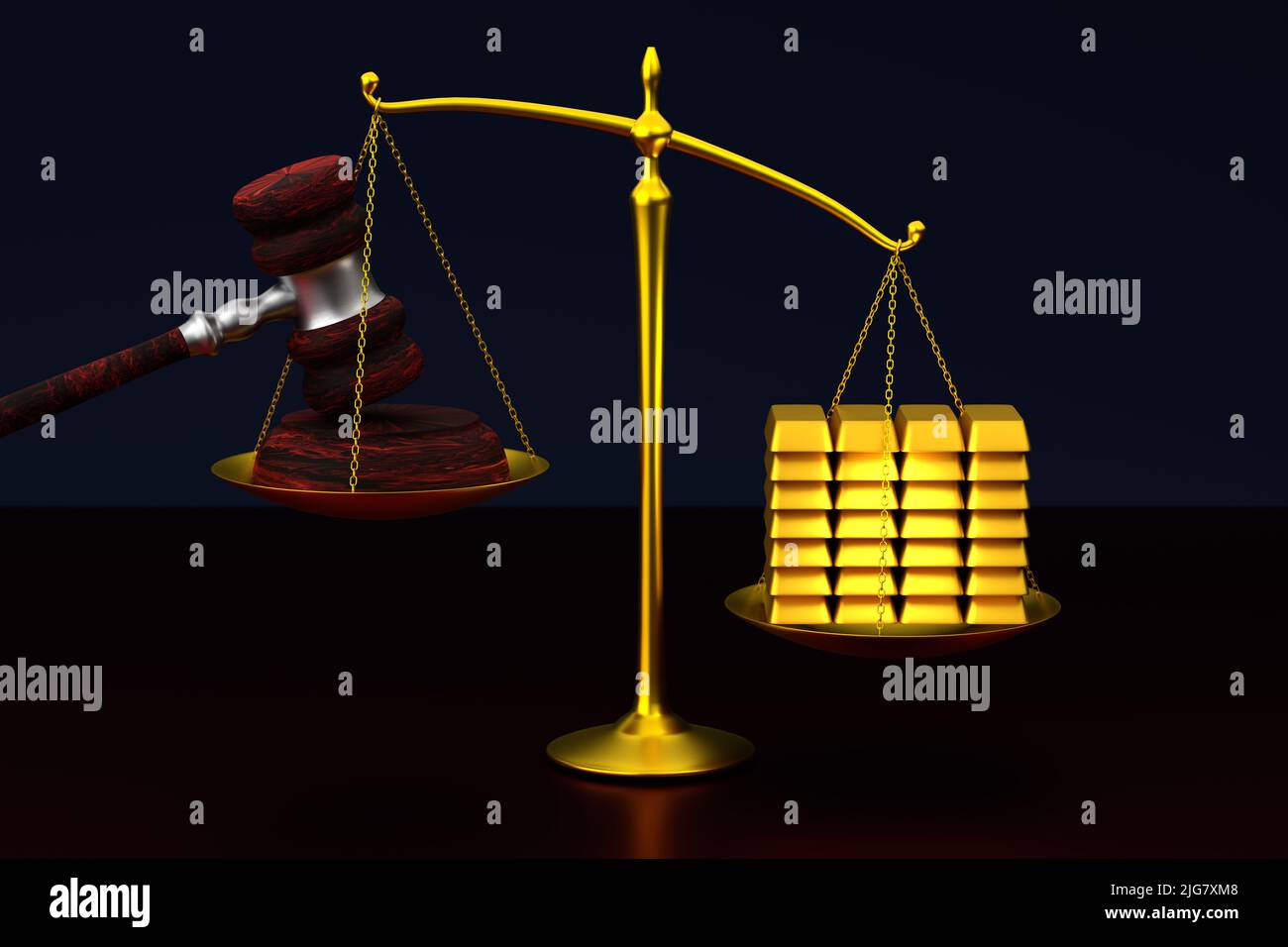 Corruption in court concept. Judicial scales and gavel. Gold bars ...