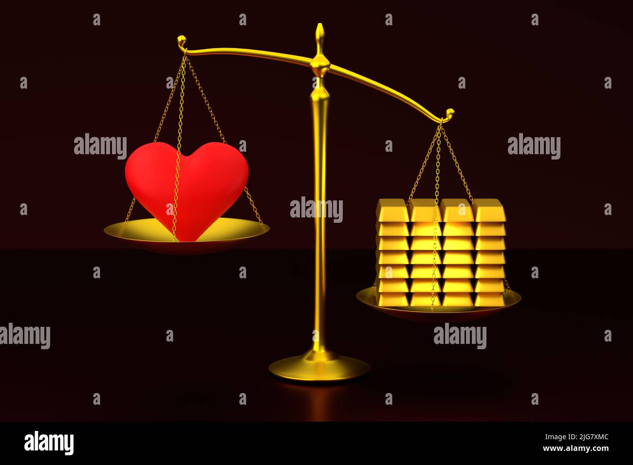 Love and money concept. On the scales is a red heart and gold bars ...