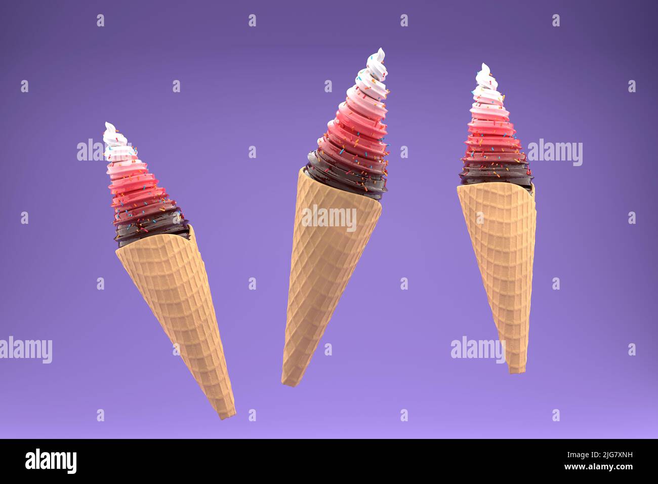 Three multi-colored ice creams on a purple background. Summer ...