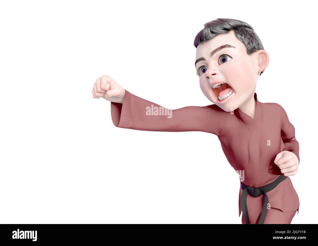 karate boy cartoon is doing a angry punch side view, 3d illustration ...