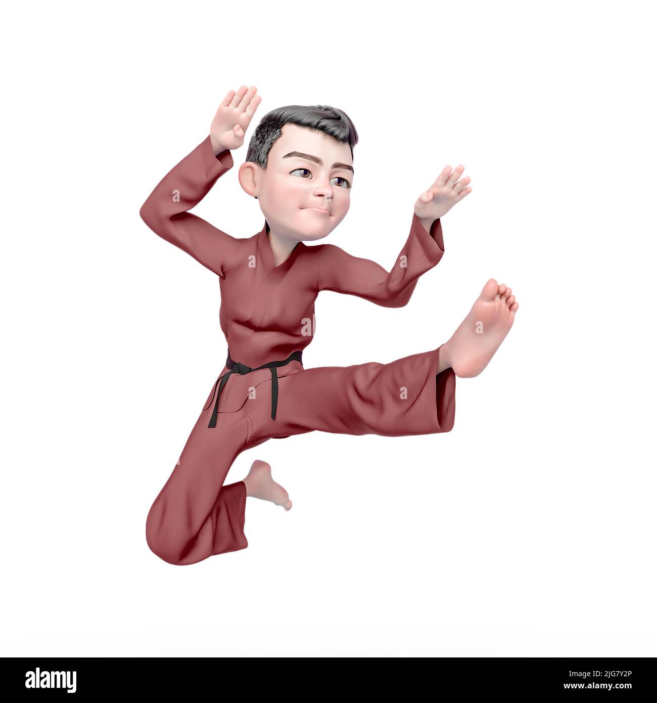 karate boy cartoon is doing a jump attack, 3d illustration Stock Photo ...