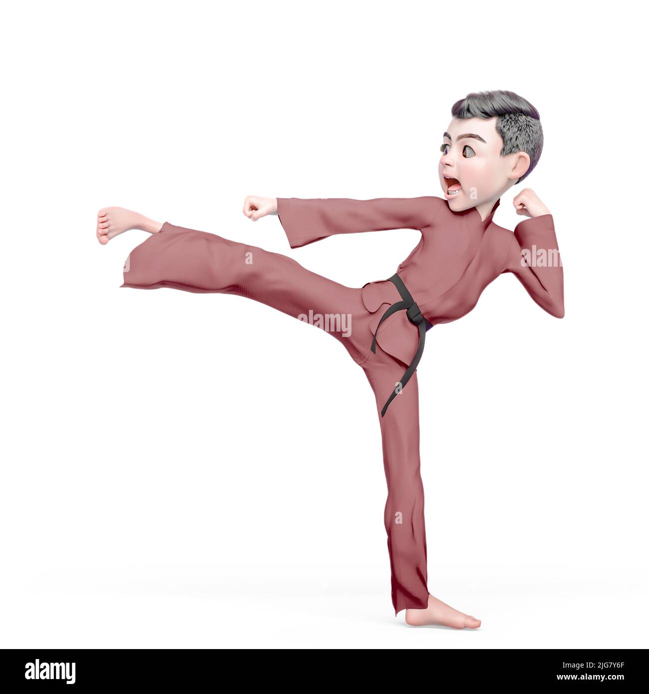 karate boy cartoon is doing a side kick, 3d illustration Stock Photo ...