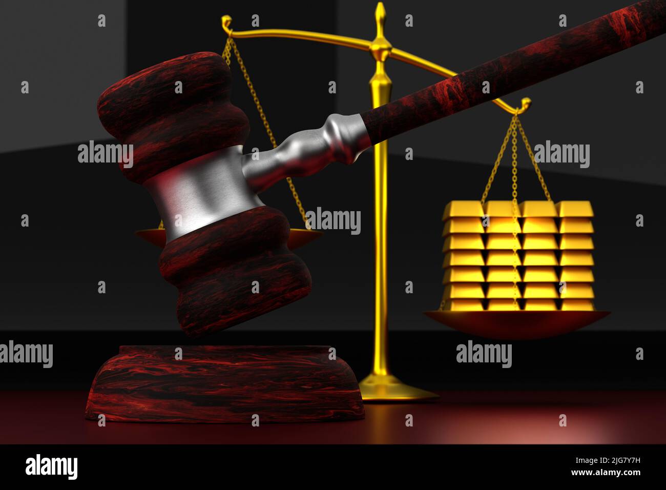 Corruption in court concept. Judicial scales and gavel. Gold bars ...