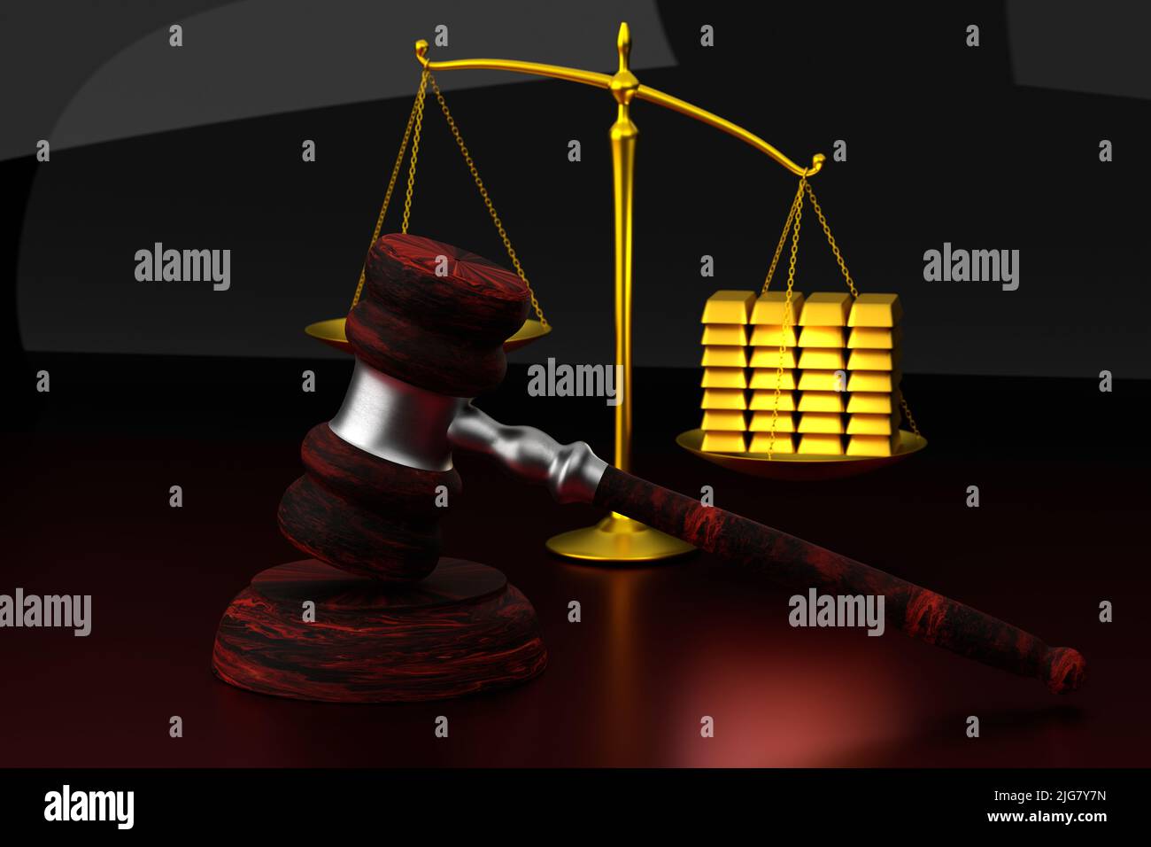 Corruption in court concept. Judicial scales and gavel. Gold bars ...