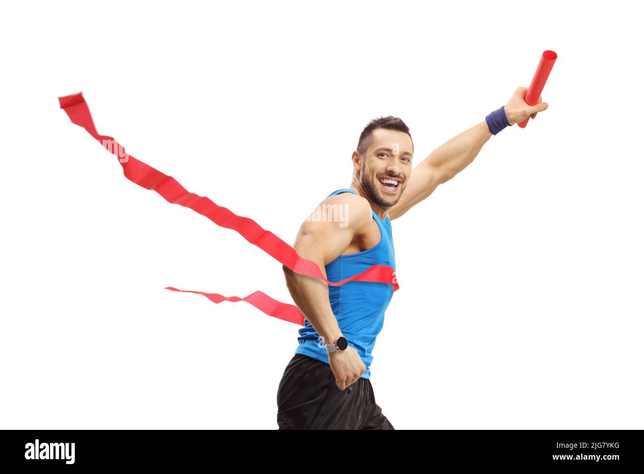 Happy man on the finish line of a marathon race with a baton in his ...