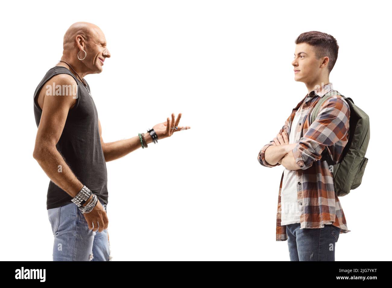 Bald man and a student having a conversation isolated on white ...