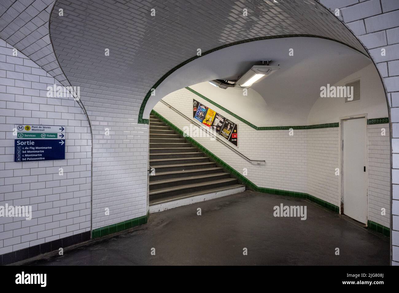 Stations and train cars in the Paris Metro. Stairway and exit from the ...
