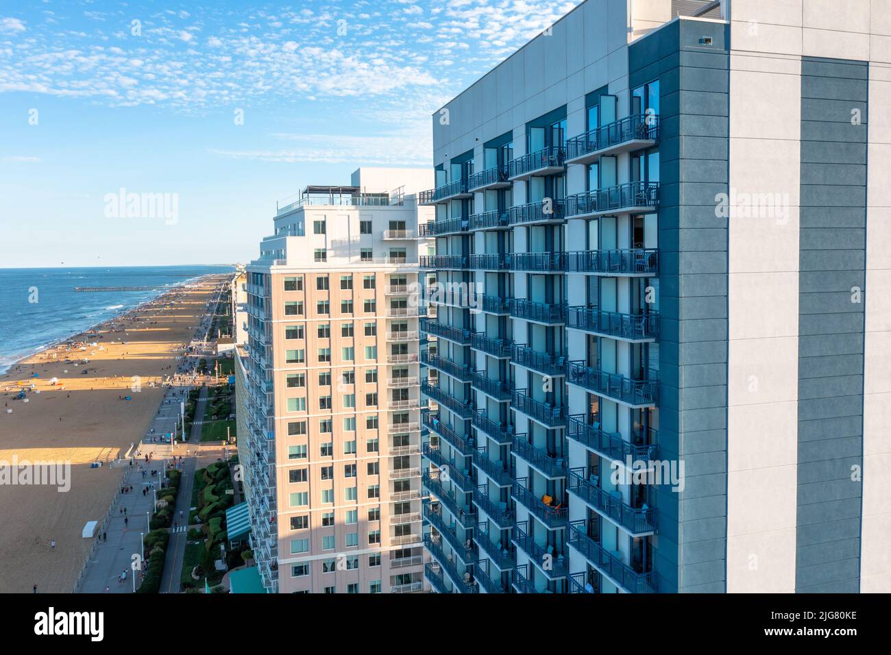 Aerial View of Hotels and the ocean in Virginia Beach during sunset ...