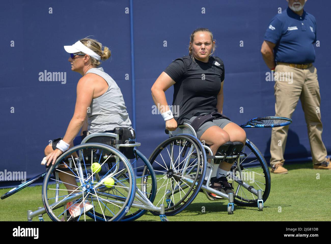 Ruby Bishop (GB) [R] playing in the wheelchair doubles at the Rothesay ...