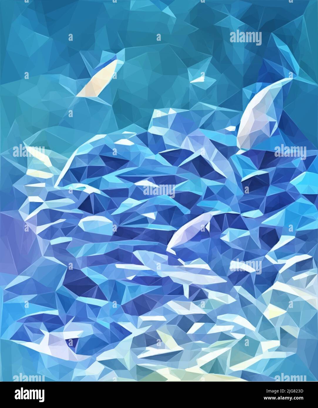 A blue low poly vector illustration of a shoal of fish swimming in the ...