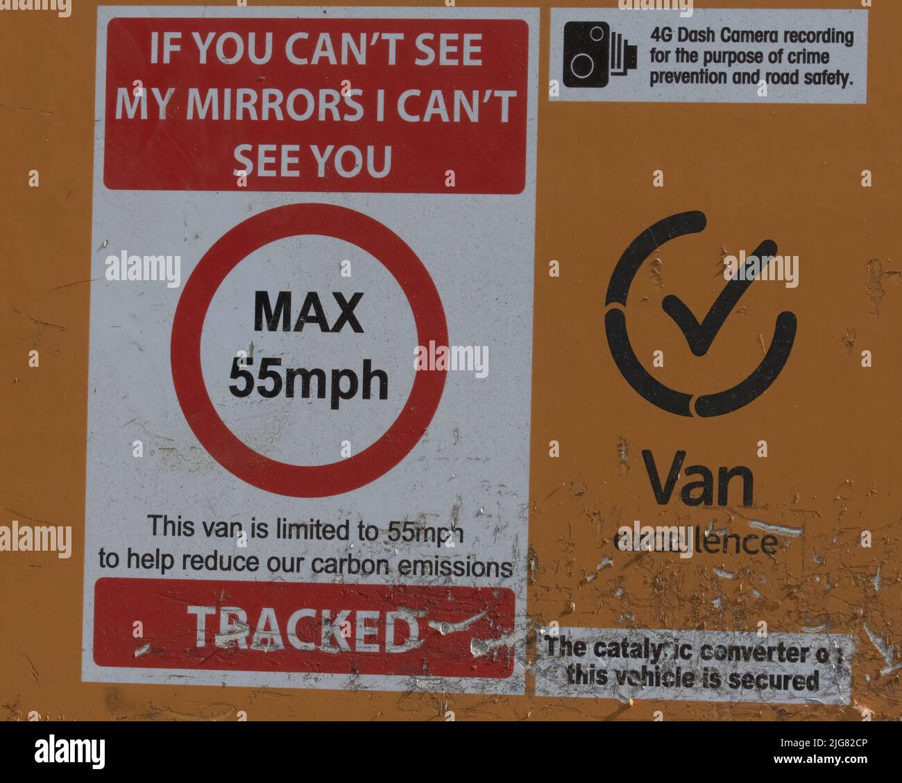 A closeup of a truck sign for 4G camera, 55mph maximum speed and Blind ...