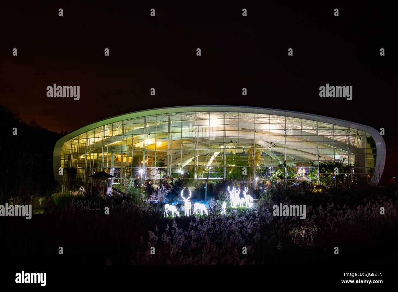 The Aqua dome at the Centre Parcs resort in Woburn illuminated at night ...