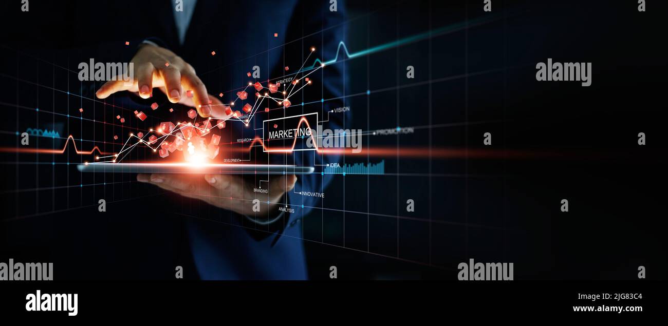 A businessman touching global customer structure on networking ...