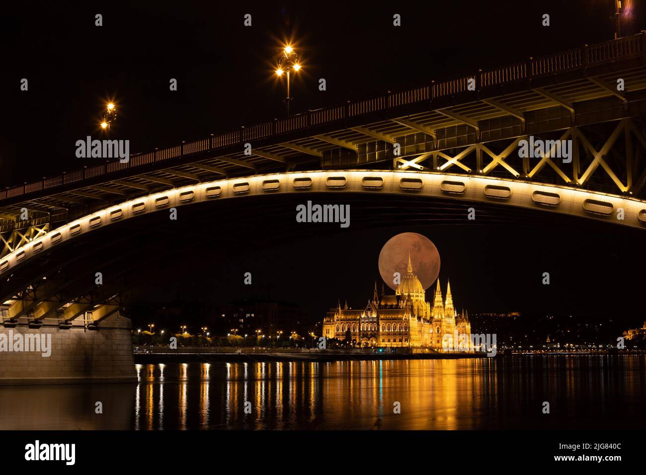 Night landscape with lights and full moon in Budapest - Hungary, super ...