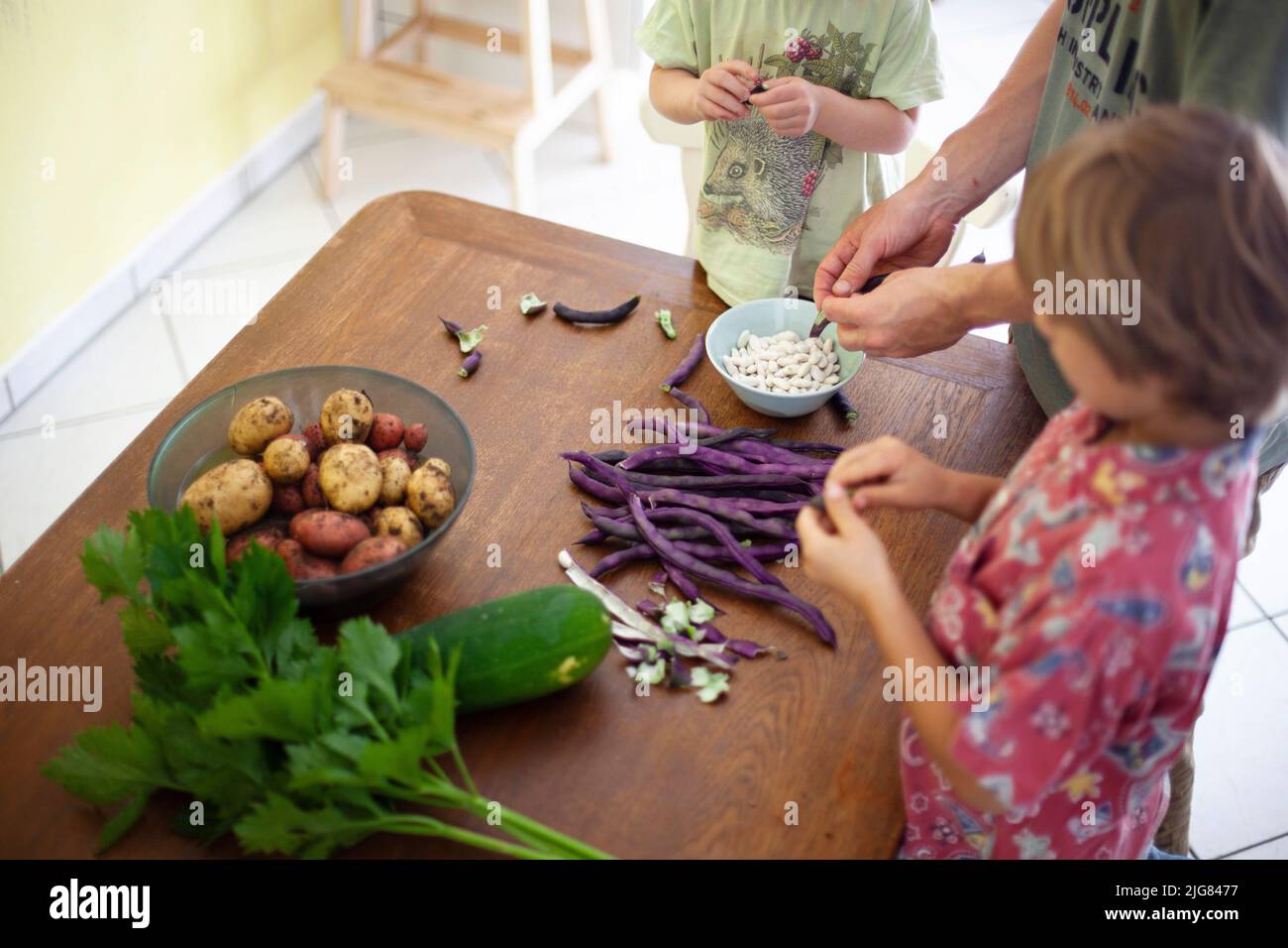 Father prepares fresh vegetables with children Stock Photo - Alamy