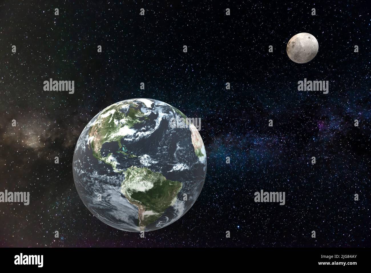 3D illustration of the earth and the moon in space, realistic, planet ...