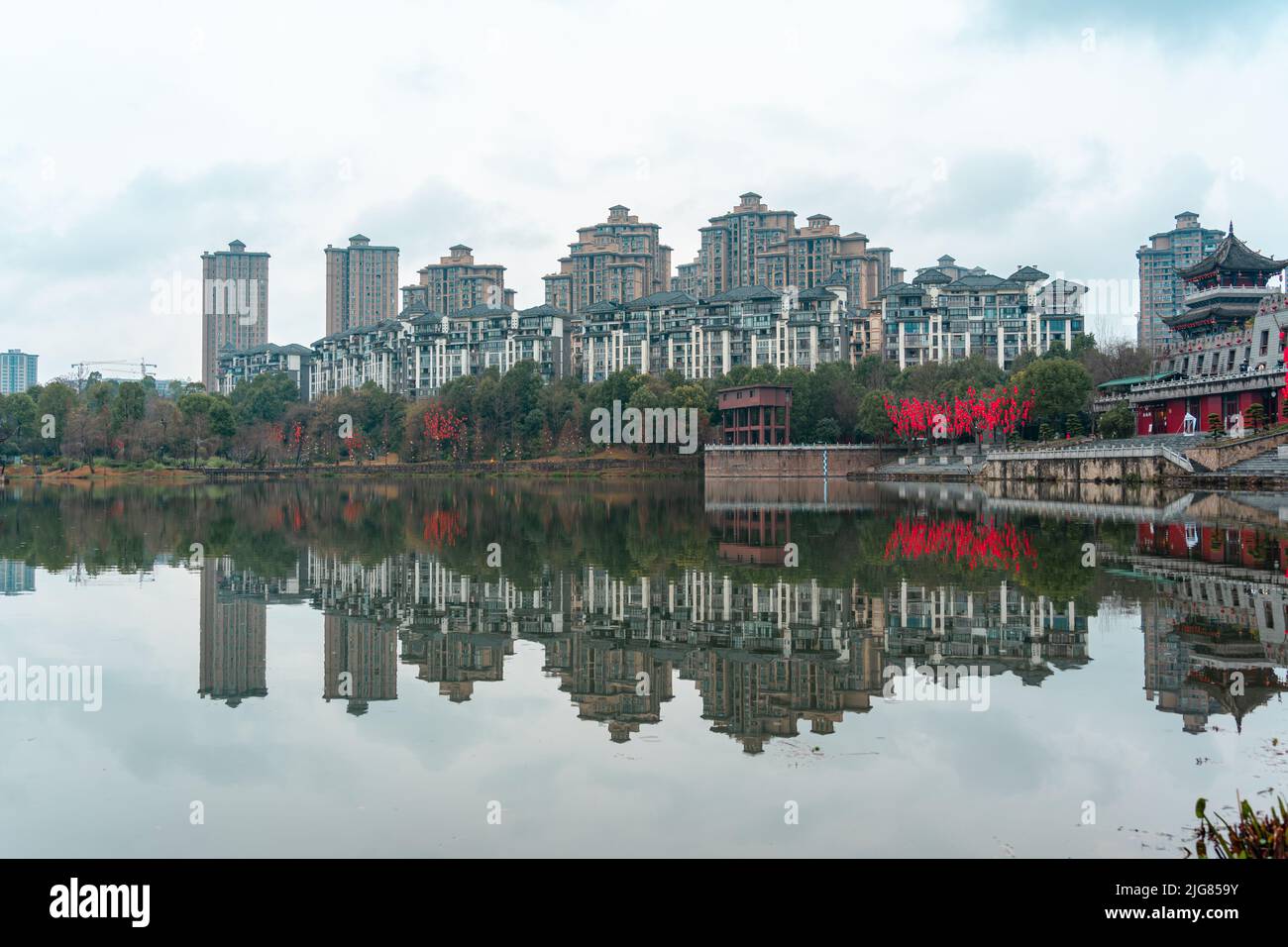 The beautiful view of a lake with a Chinese pavilion on the shore Stock ...