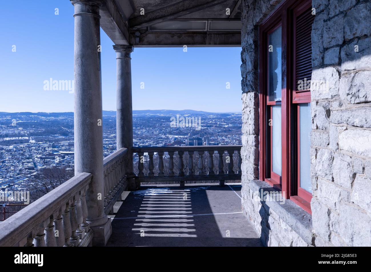 A patio balcony overlooking the sunny waters of Reading, PA Stock Photo ...
