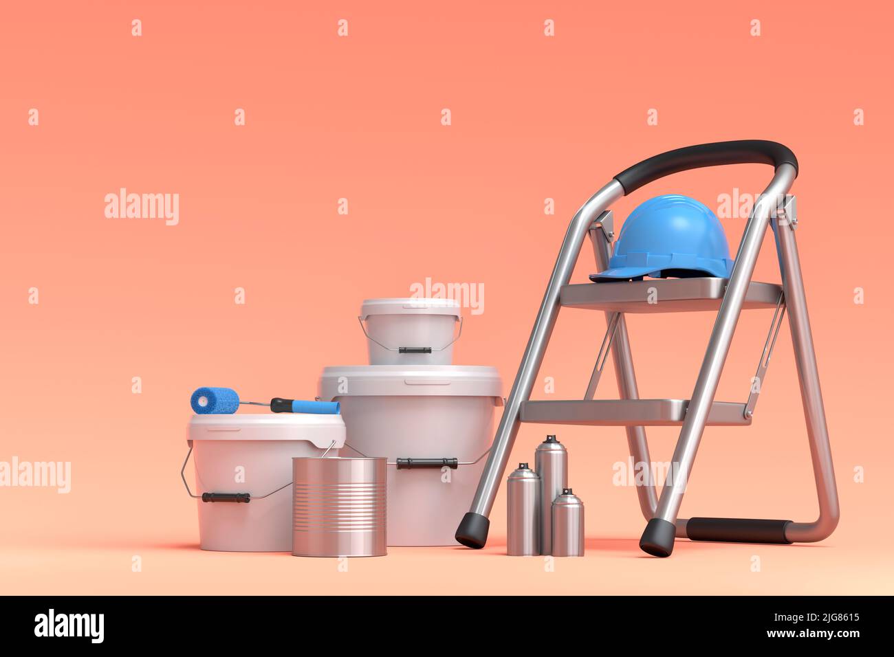 Set of folding ladder, bucket, safety helmet with paint rollers and ...