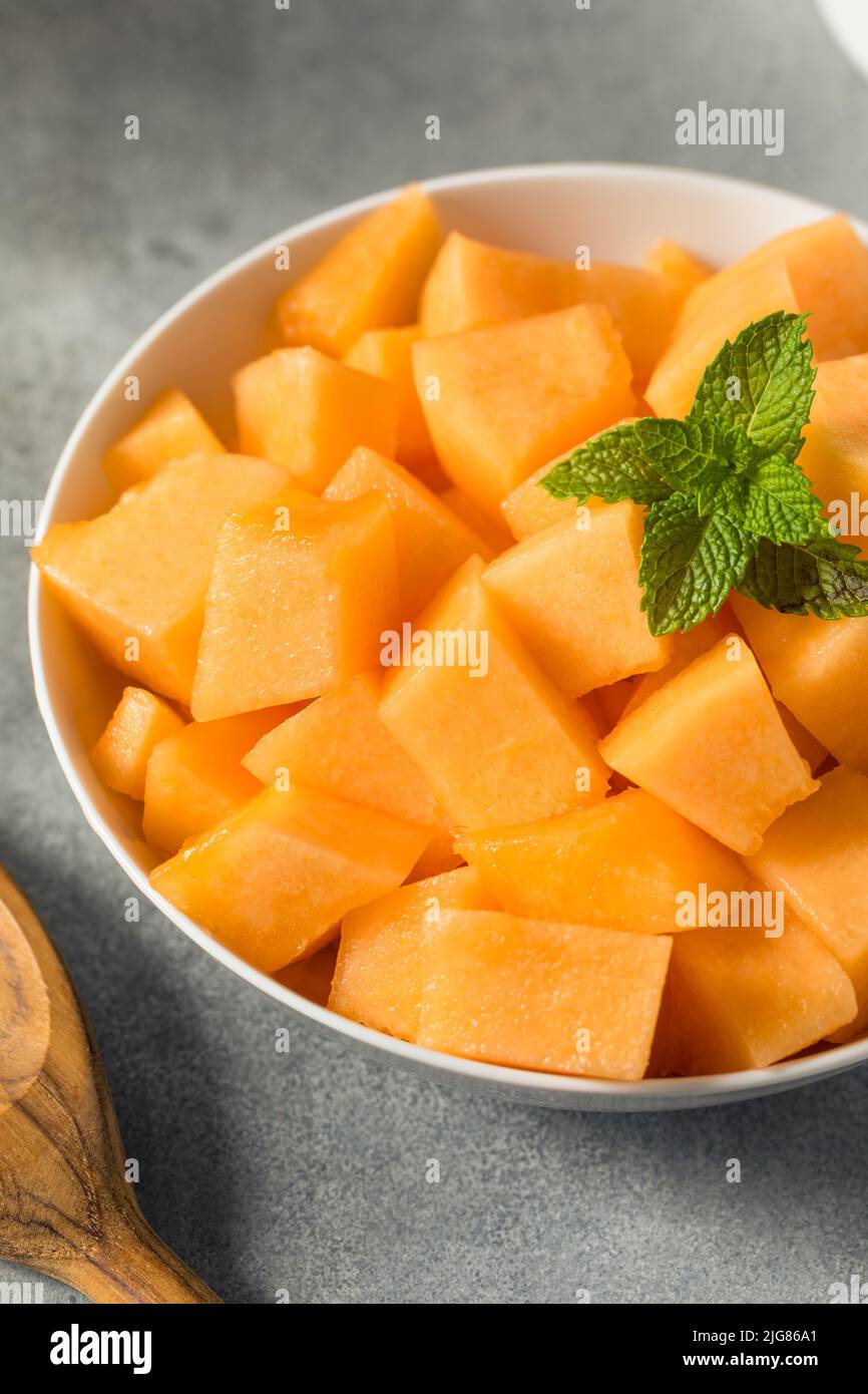 Raw Orange Organic Cantaloupe Melon Cut into Cubes Stock Photo - Alamy