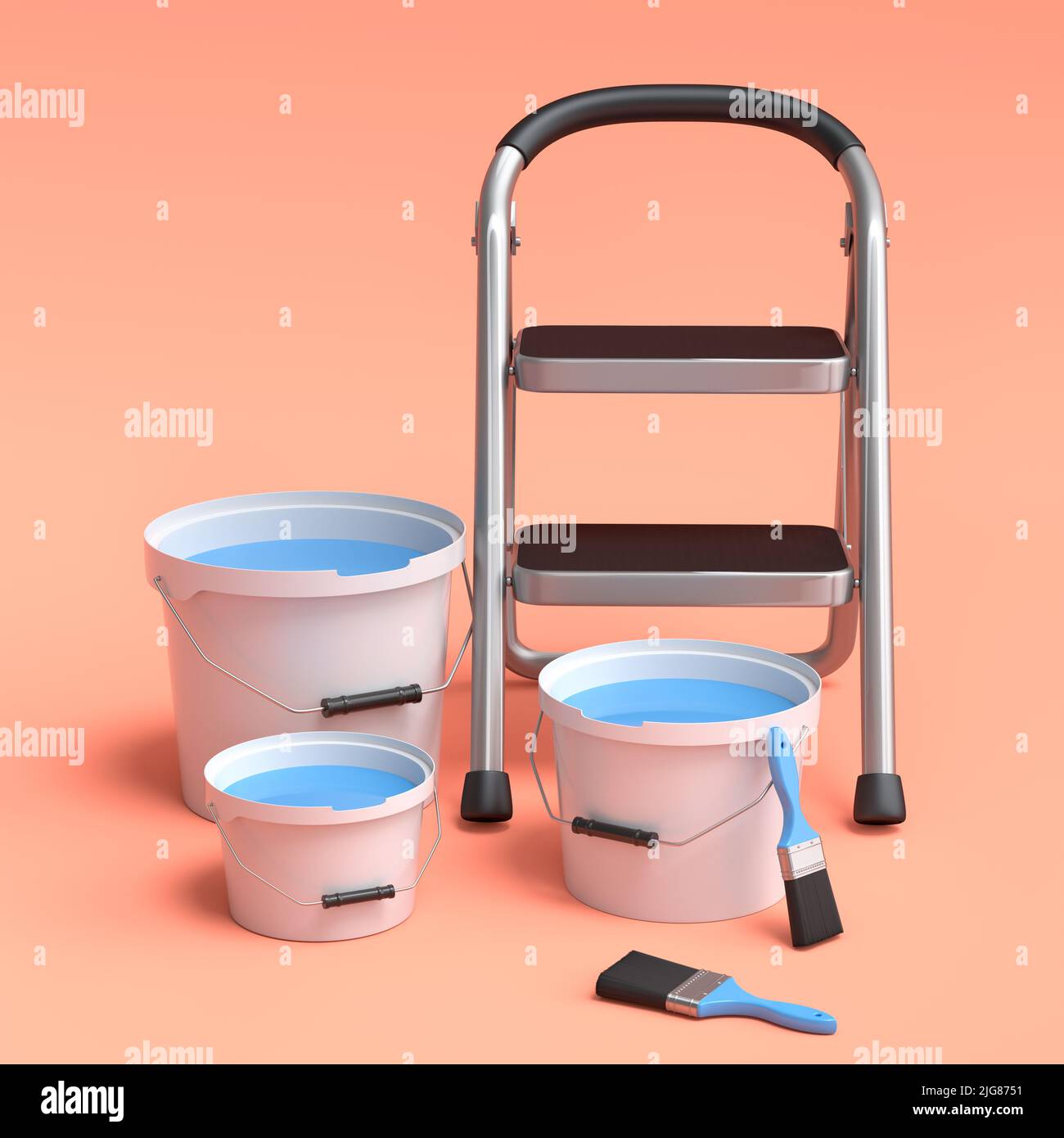 Set of folding ladder, bucket with paint rollers and brushes for ...