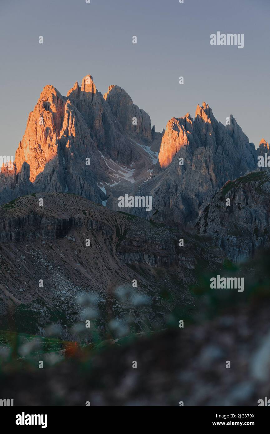 A vertical shot of the Cadini di Misurina mountains in the Italian ...