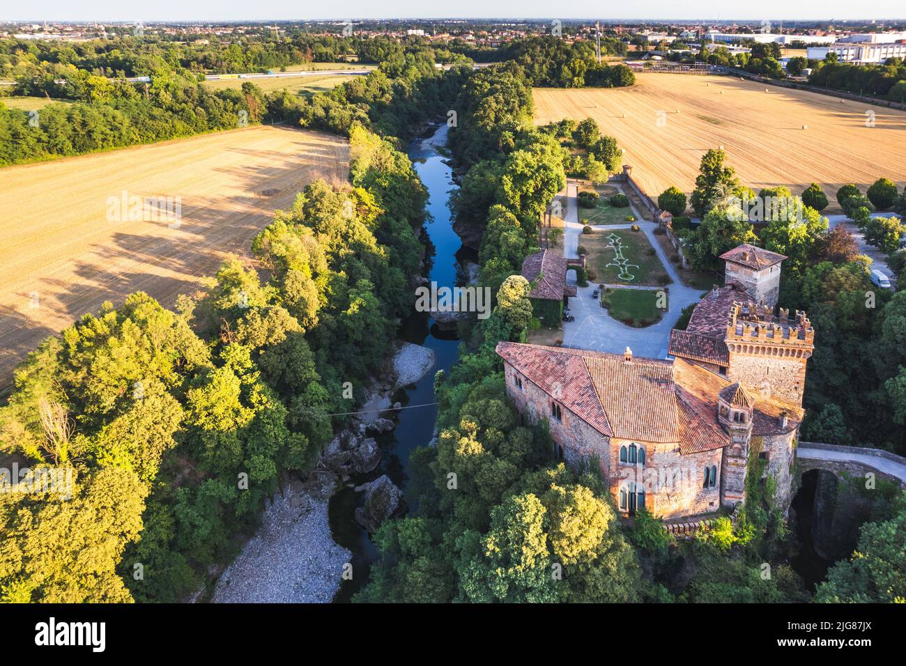 Aerial view of medieval castle in Bergamo, Castle of Marne, Lombardy ...
