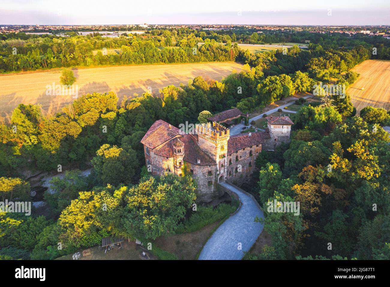 Aerial view of medieval castle in Bergamo, Castle of Marne, Lombardy ...