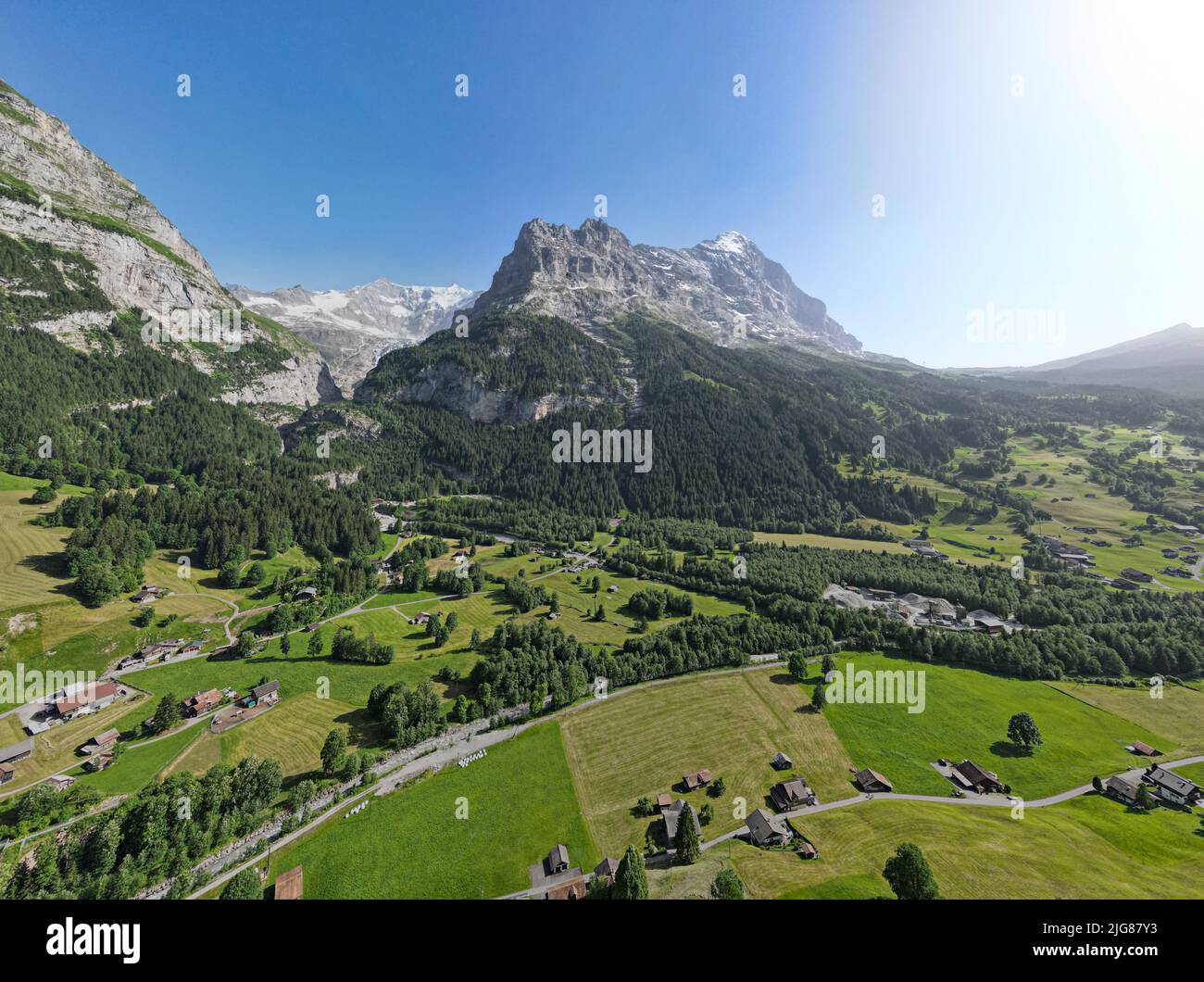 A beautiful panoramic view of Eiger peak from Grindelwald Village in ...