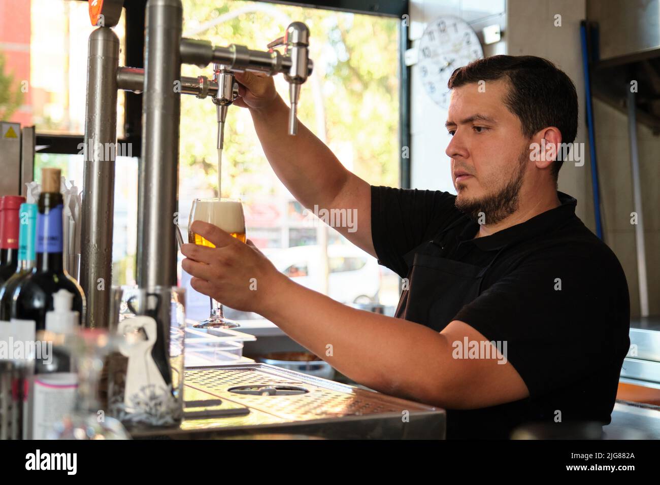Latin bartender pouring beer from beer tap in a bar Stock Photo - Alamy