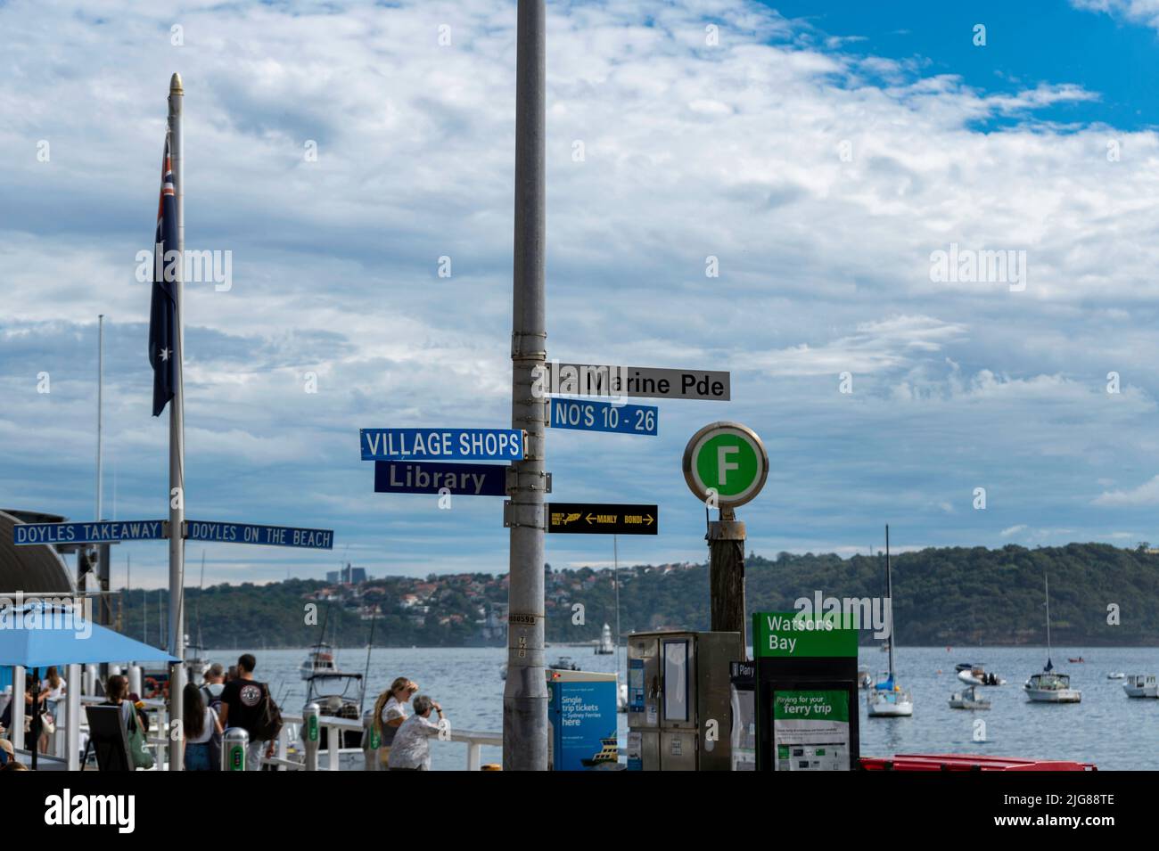 A view of road signs at the wharf of Rose Bay Stock Photo - Alamy