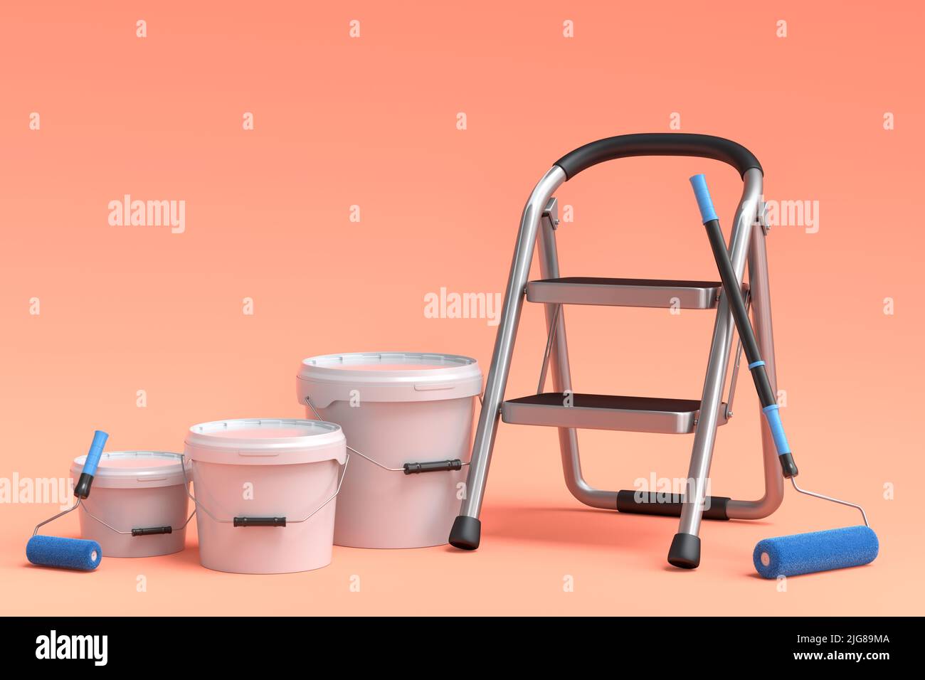 Set of metal cans or buckets with paint roller and folding ladder for ...