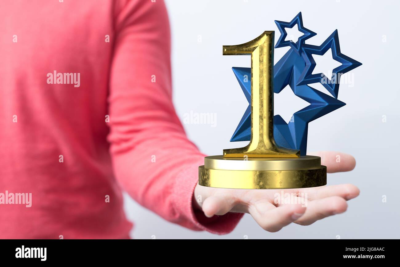 A 3d render design of number one golden trophy with stars in a hand ...