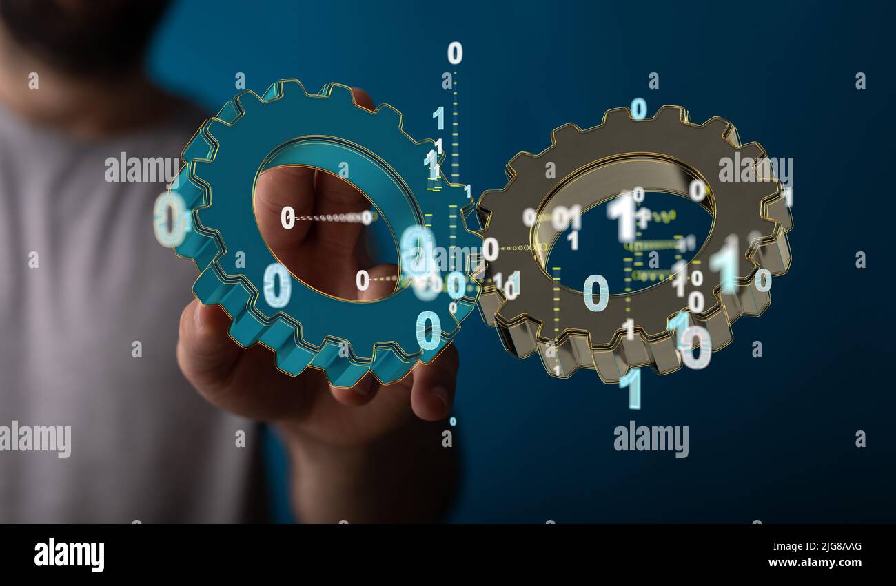A 3d render design of a man interacting with digital numbers and two ...