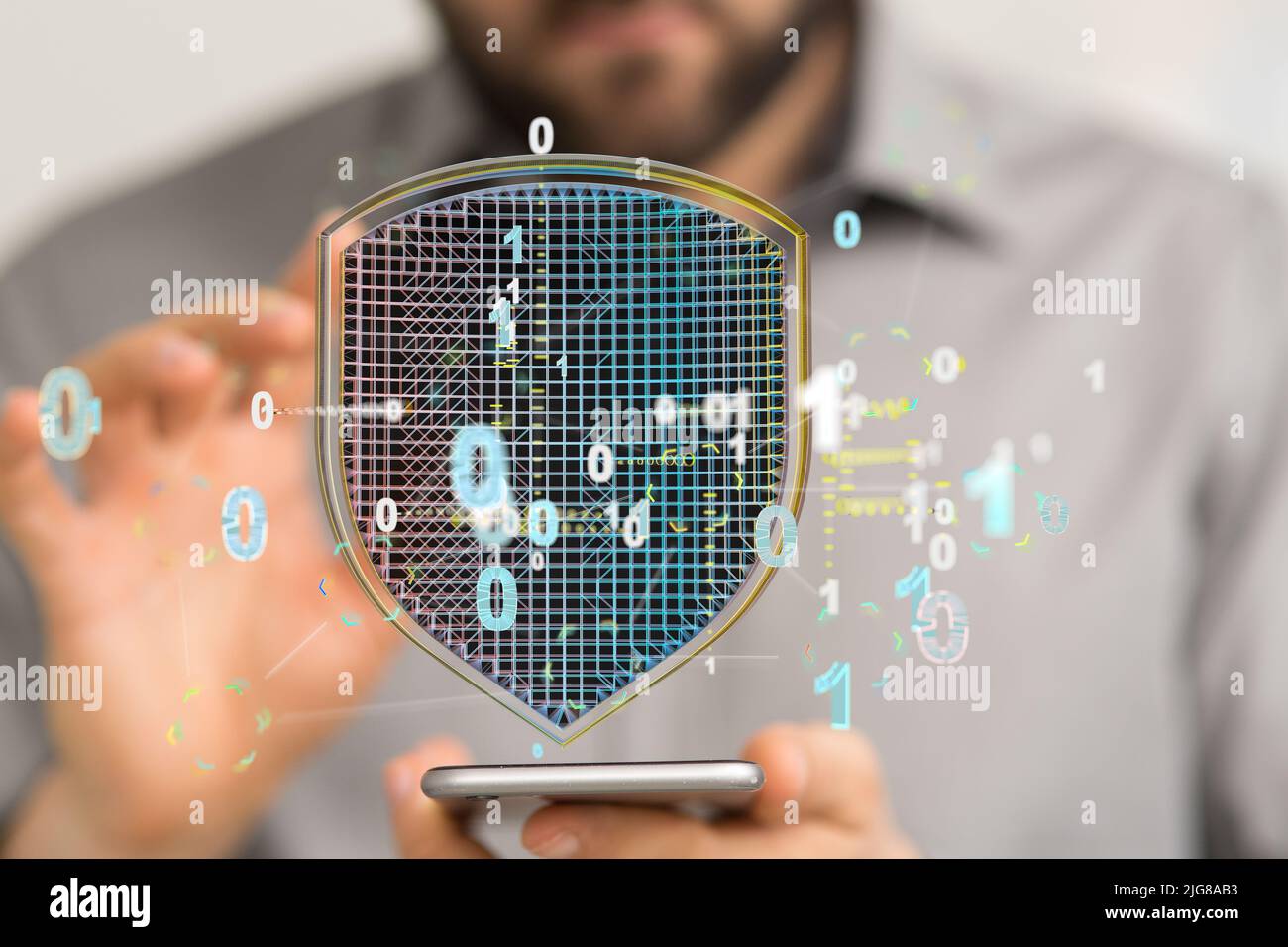 A 3d render design of a man interacting with digital connected numbers ...