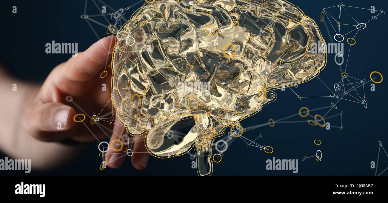 A 3d render design of a hand interacting with human brain on isolated ...