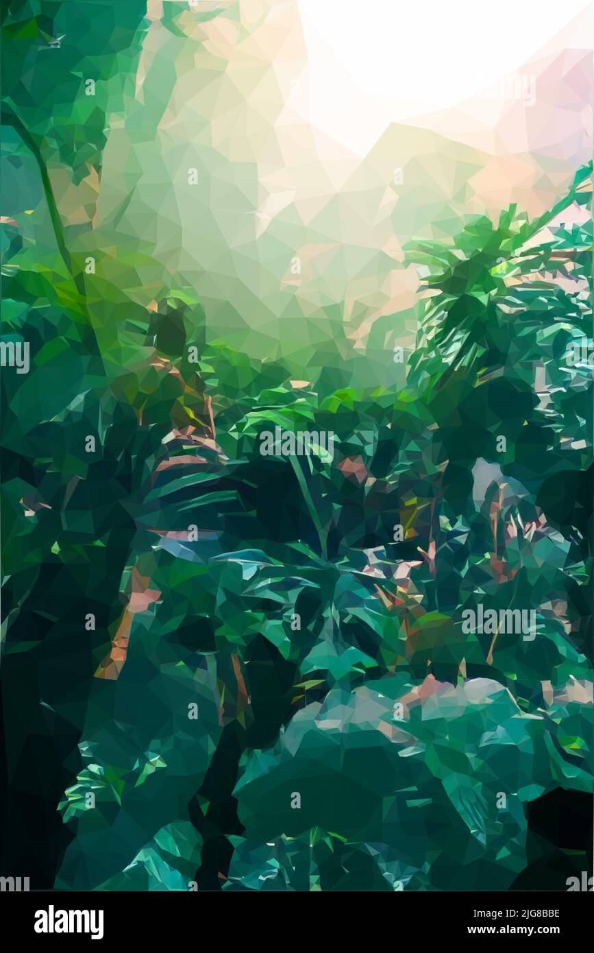 A vertical shot of a painted in watercolor jungle with trees and shrubs ...