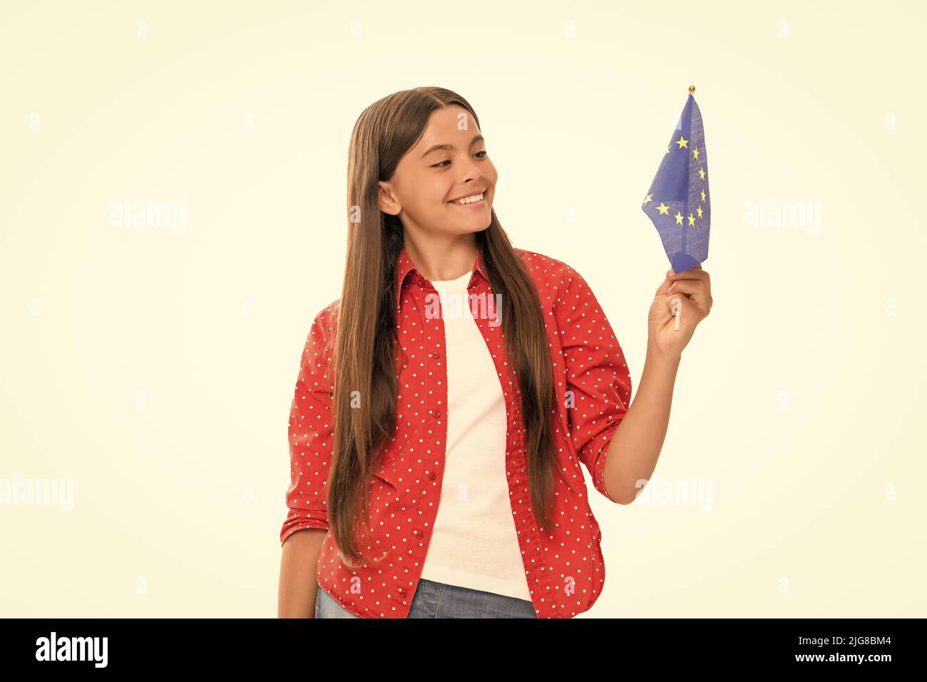 happy kid hold european union flag isolated on white, travel Stock ...
