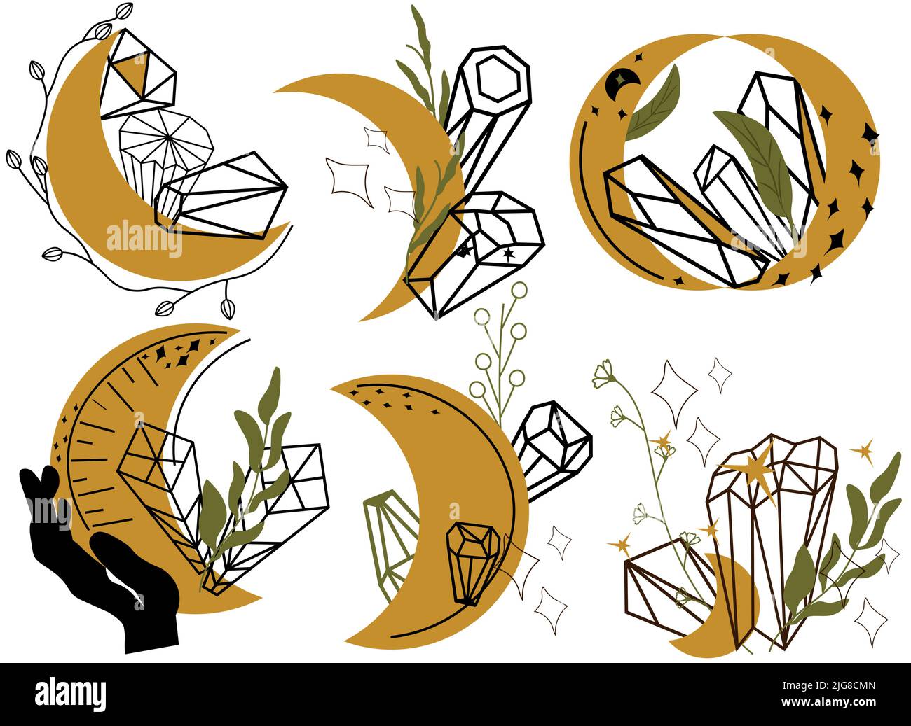 Celestial Moon phase. Magical Moon with crystals, stars, flowers and ...