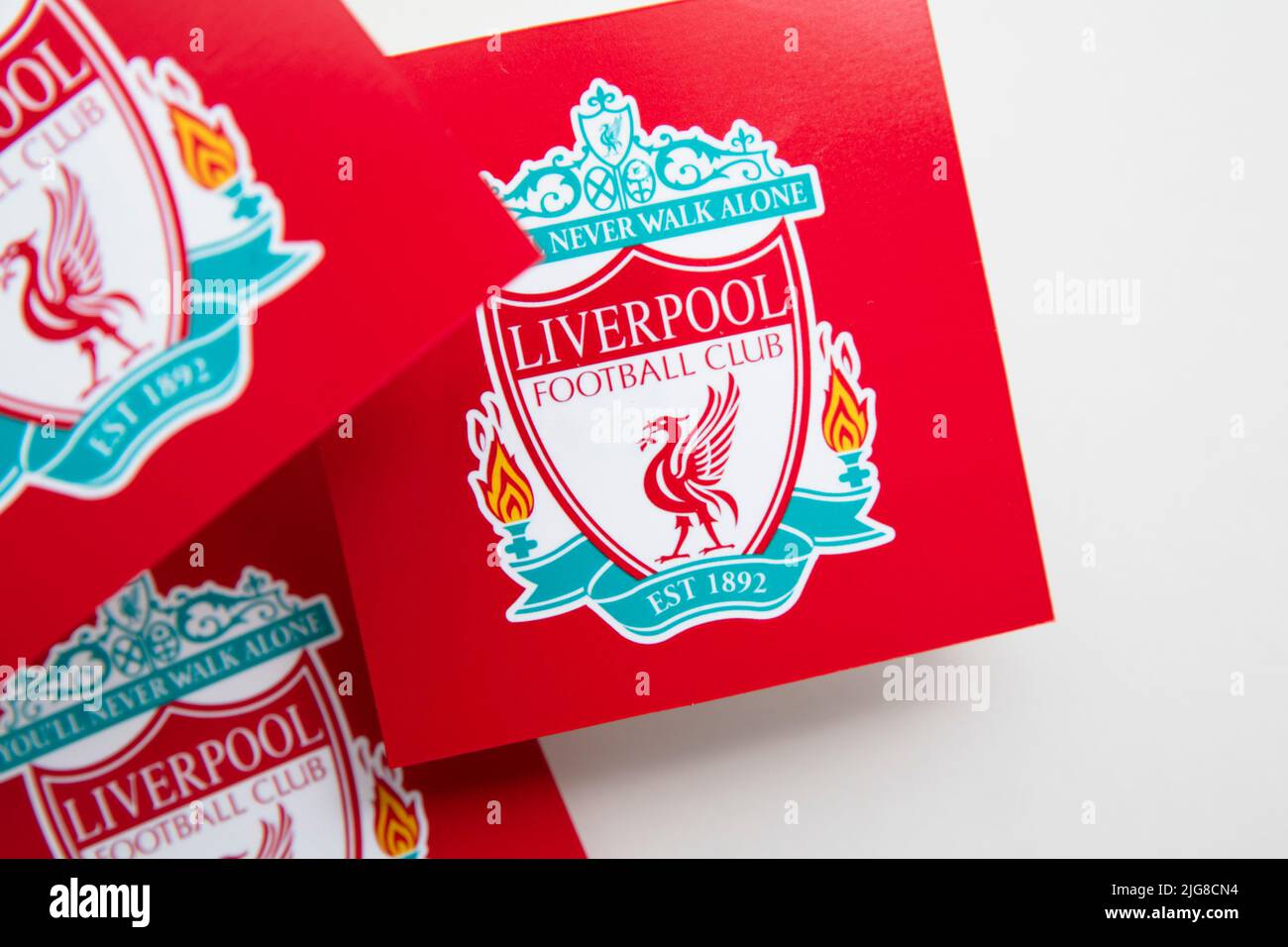 LONDON, UK - July 2022: Liverpool football club emblem. Liverpool are a ...