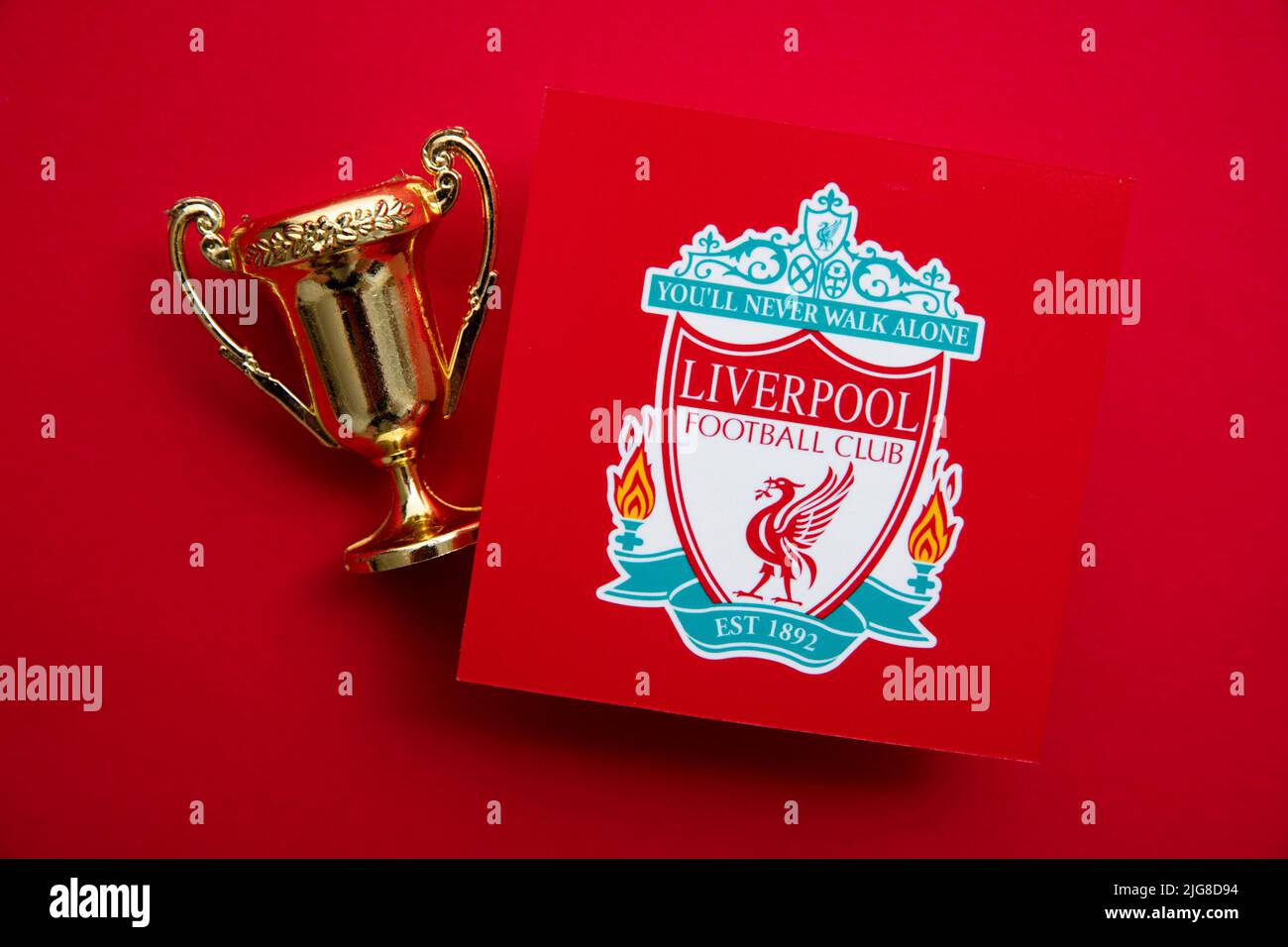 LONDON, UK - July 2022: Liverpool football club emblem. Liverpool are a ...