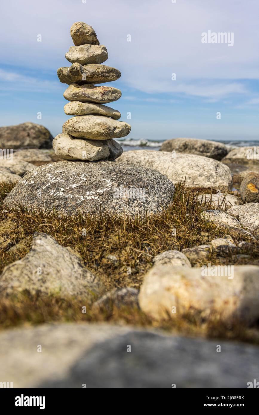 Stack of pebbles on the beach, cairn, Cape Arkona, Rügen, Mecklenburg ...